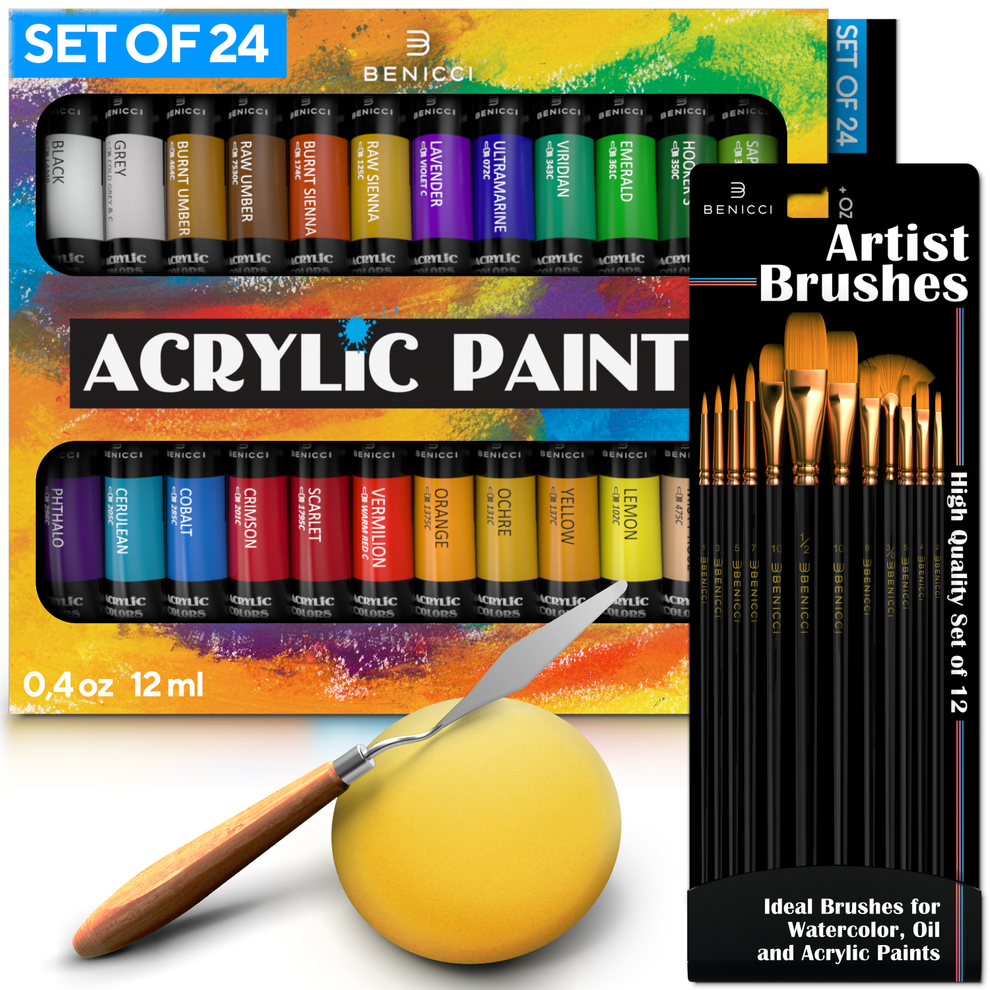 Complete Acrylic Paint Set – 24х Rich Pigment Colors – 12x Art Brushes ...