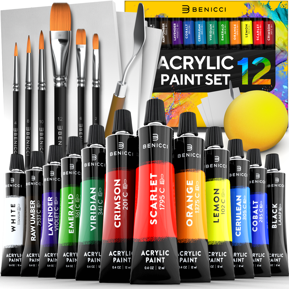 Complete Acrylic Paint Set – 12х Rich Pigment Colors & 6x Art Brushes ...