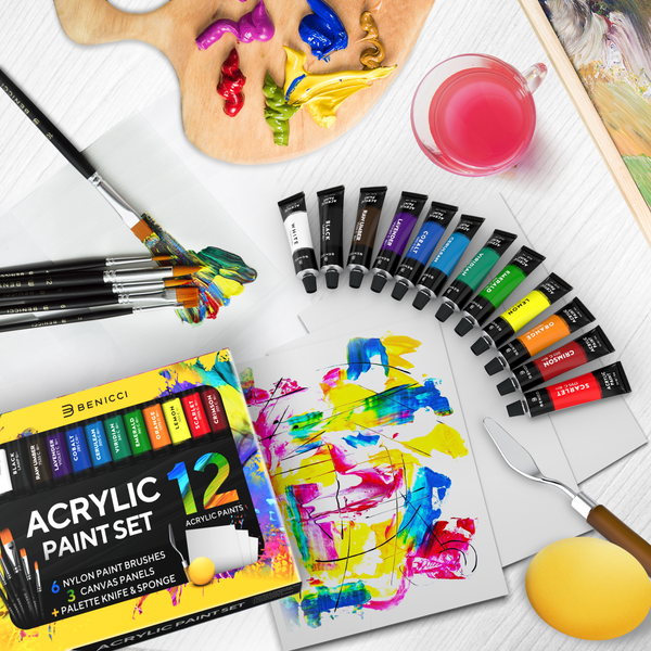 Complete Acrylic Paint Set – 12х Rich Pigment Colors & 6x Art Brushes ...